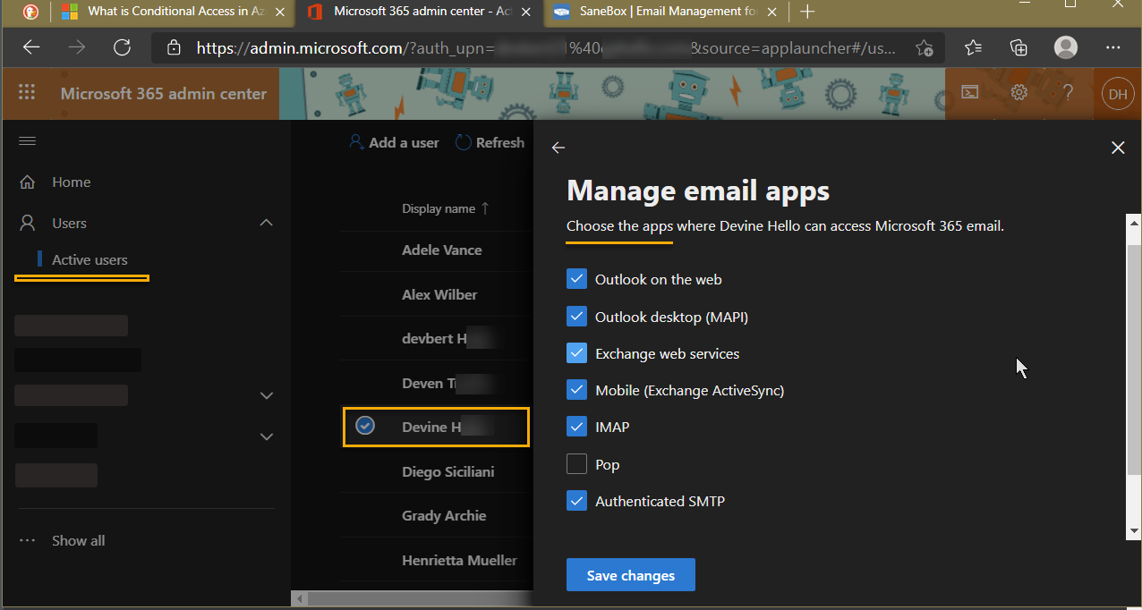 SaneBox | Microsoft 365: How to turn EWS or IMAP or ActiveSync On or Off